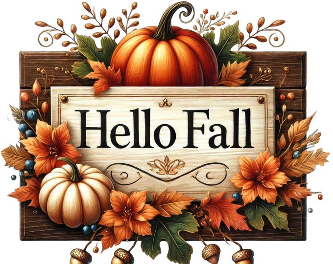 Watercolor Hello Fall Sign Clipart: Pumpkin & Autumn Leaves (digital ...
