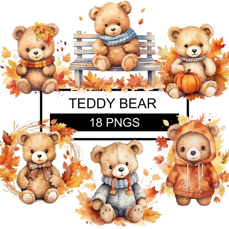 Watercolor Autumn Teddy Bear Clipart: Fall PNG Bundle (digital Download ...
