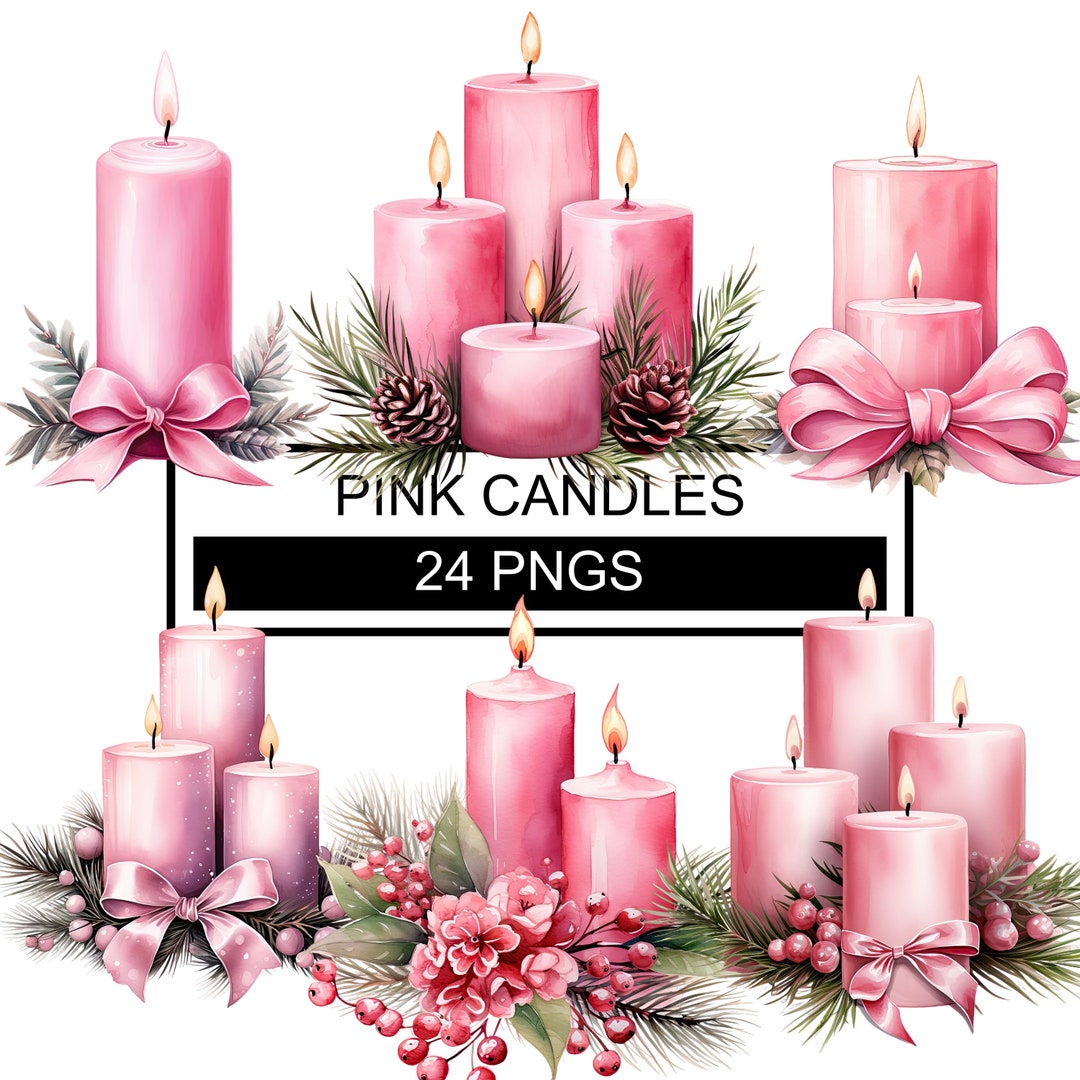 Watercolor Christmas Candle Clipart: Pink Holiday PNG Images (digital ...