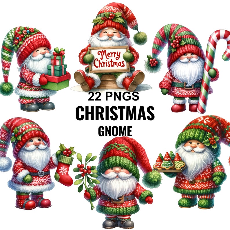 Watercolor Christmas Gnome Clipart: Holiday PNG Graphics (digital ...