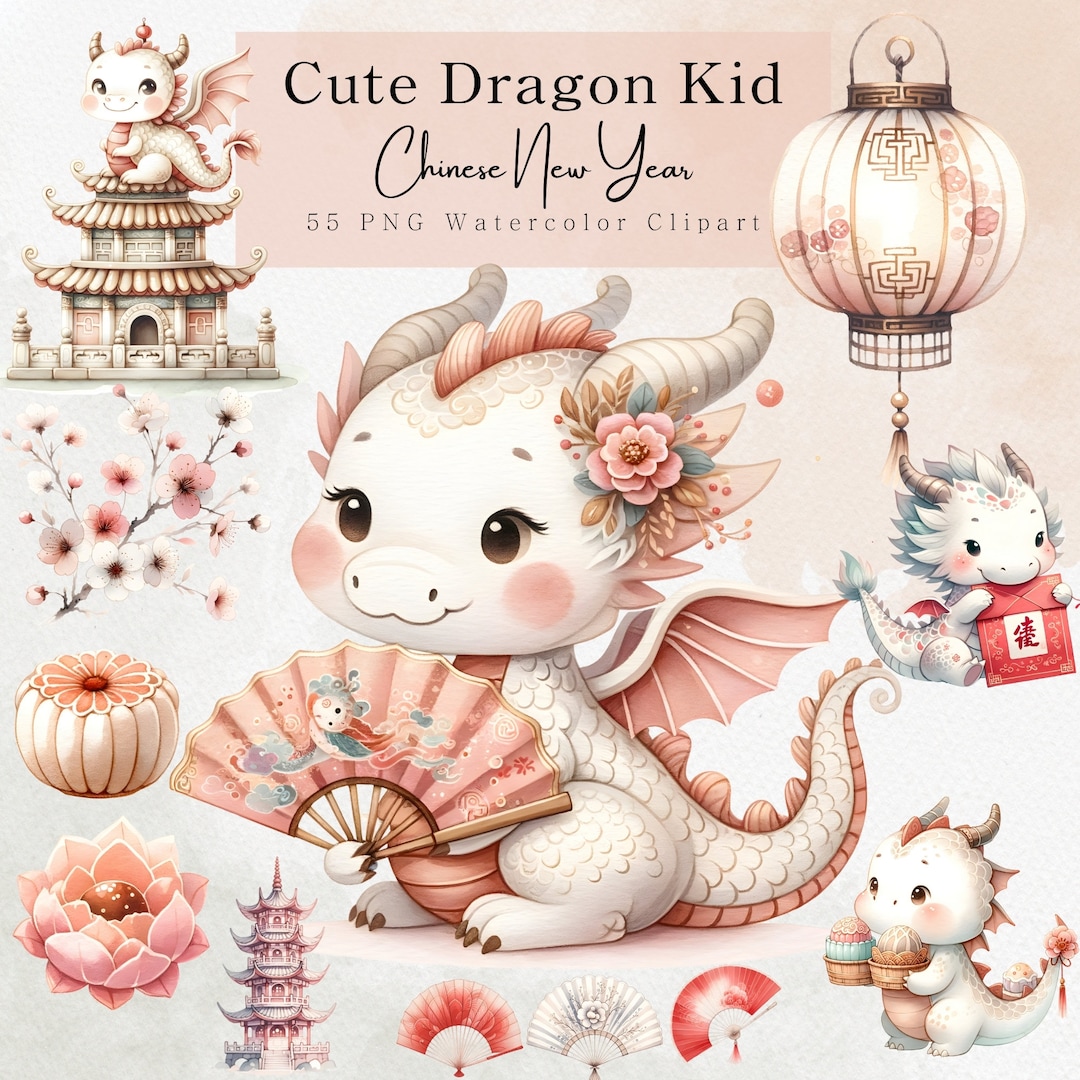 Cute Dragon Clipart, Dragon Kids, Dragon Watercolor Clipart, Blossoms ...