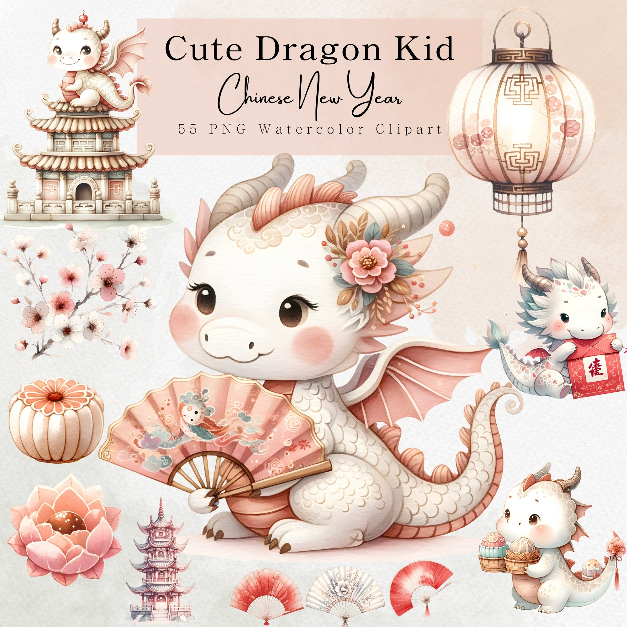 Cute Dragon Clipart, Dragon Kids, Dragon Watercolor Clipart, Blossoms ...