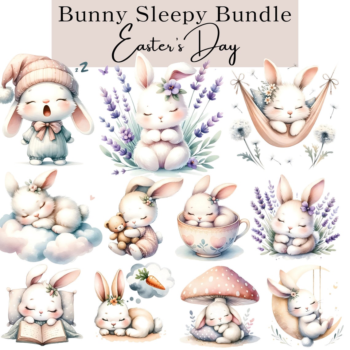 Sleepy Bunny Watercolor Clipart, Bunnies Baby Shower, Easter Day ...