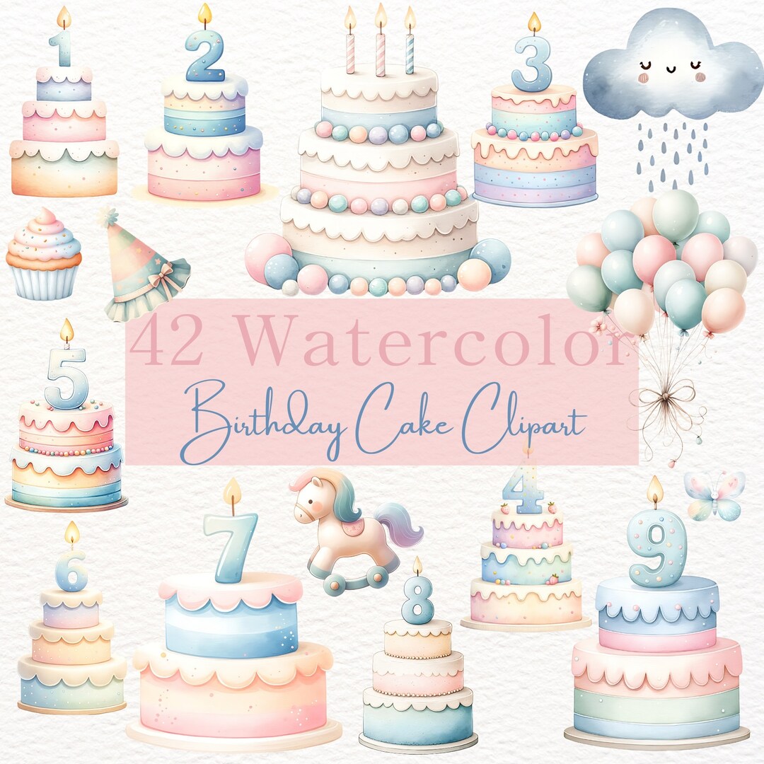Watercolor Birthday Cake Clipart Bundle: 42 PNG Graphics (digital ...
