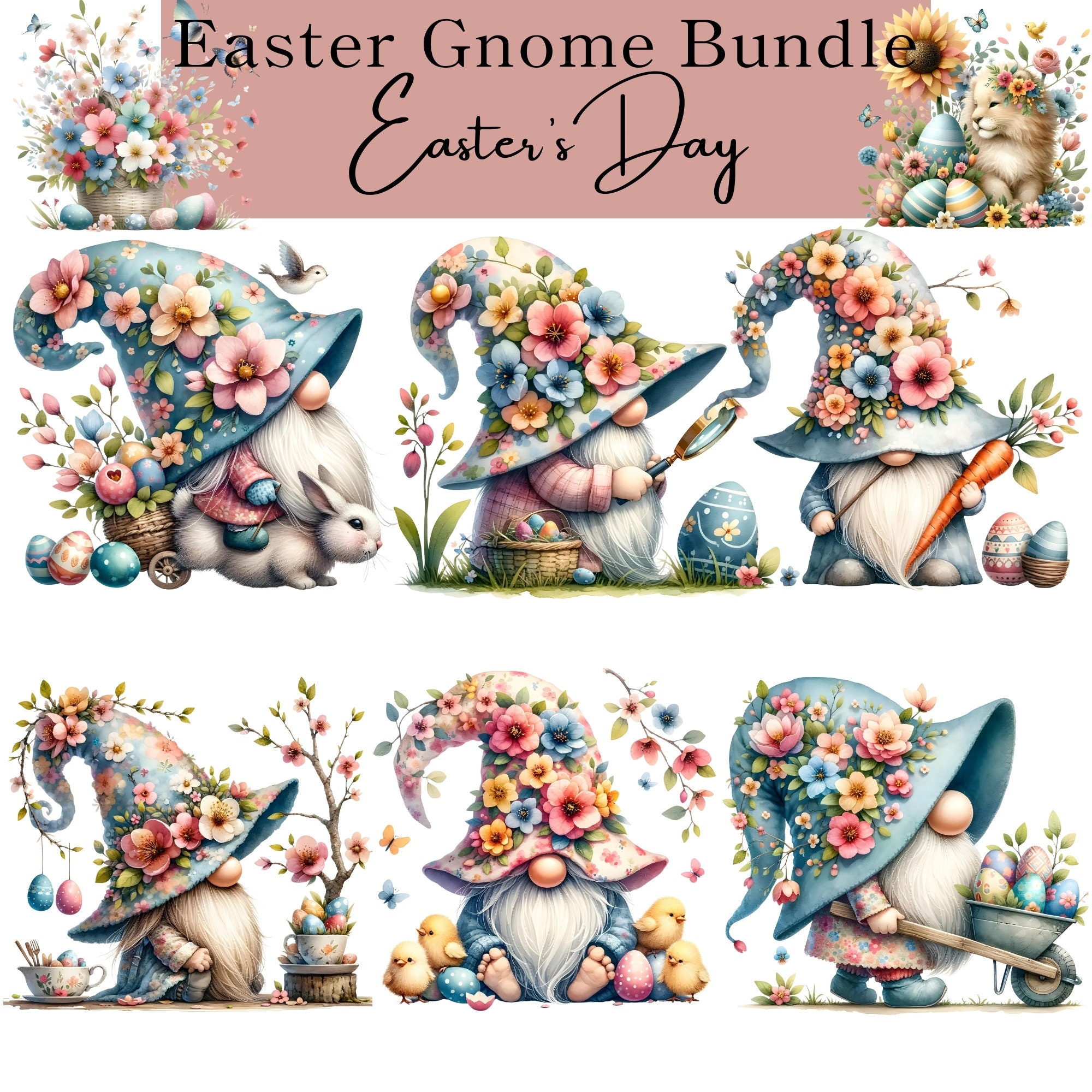 Easter Gnome Clipart Bundle, Watercolor Spring Flower, Digital Download ...