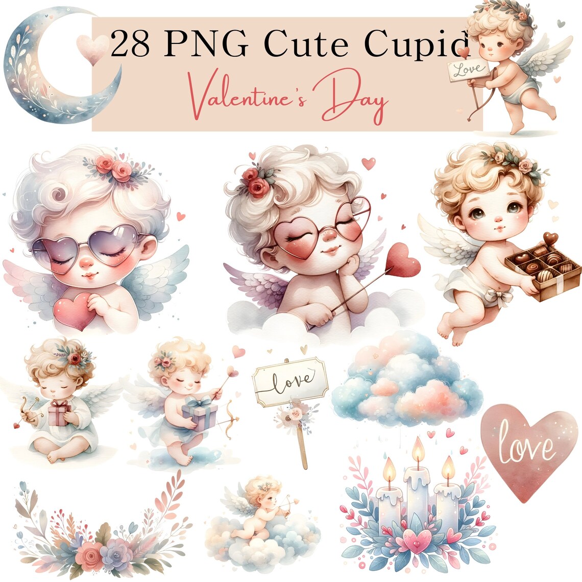 Cute Cupid Clipart Valentine, Valentine Watercolor Clipart, Valentines ...