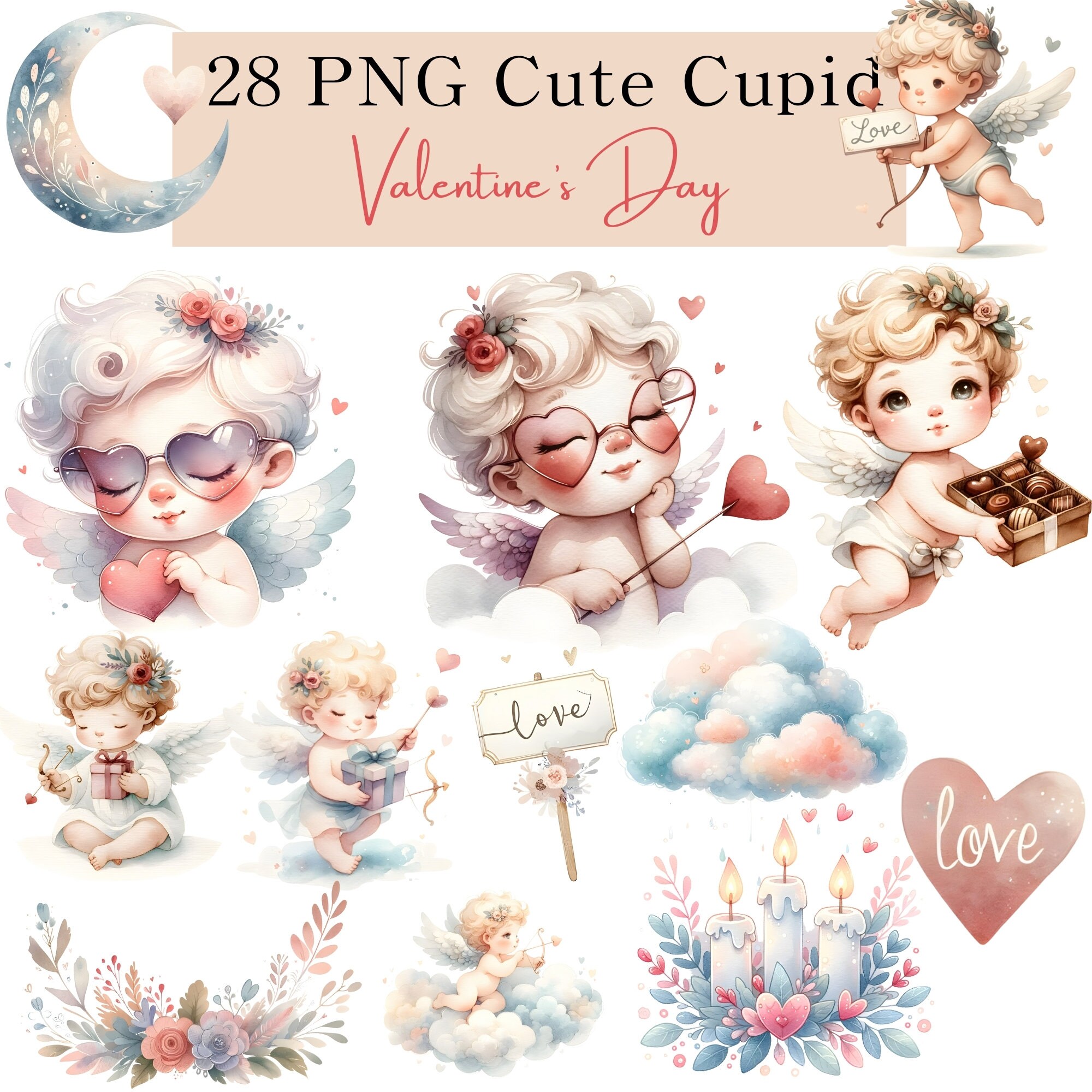 Cute Cupid Clipart Valentine, Valentine Watercolor Clipart, Valentines ...