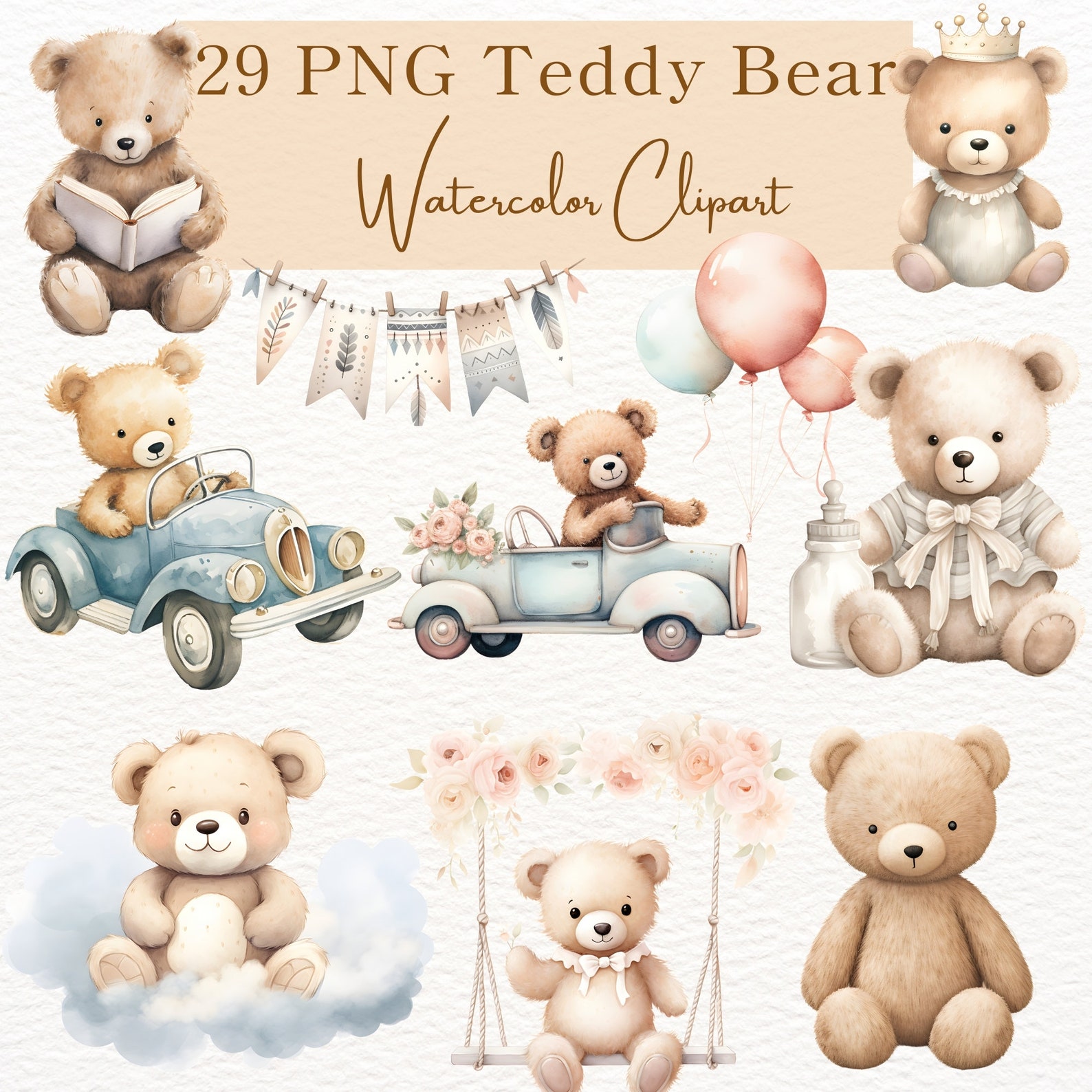Teddy Bear Watercolor Clipart: Baby Shower PNG Graphics, Nursery ...