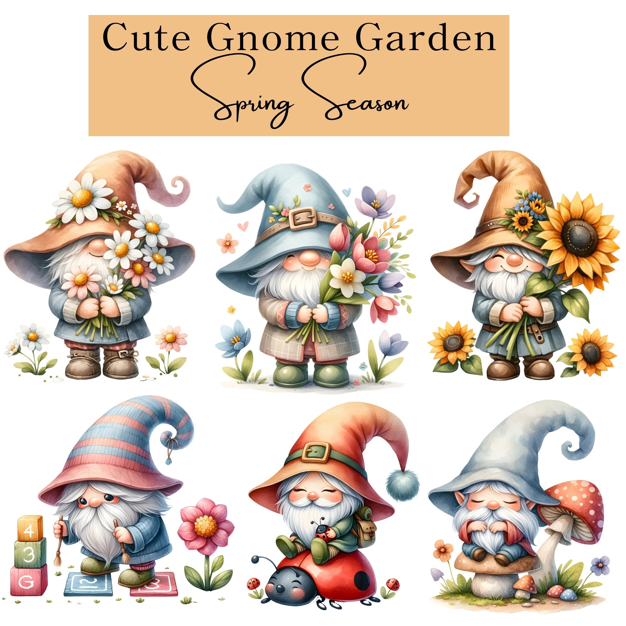 Garden Gnome Watercolor Clipart, Cute Gnomes Digital Art, Printable ...