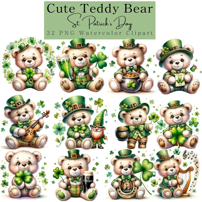 St. Patrick's Day Teddy Bear Clipart, Shamrock Clipart, Watercolor ...