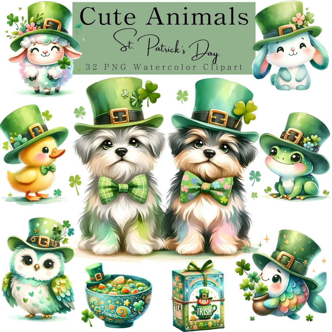 St Patricks Day Animal Clipart, Cute Shamrock Clipart, Watercolor ...