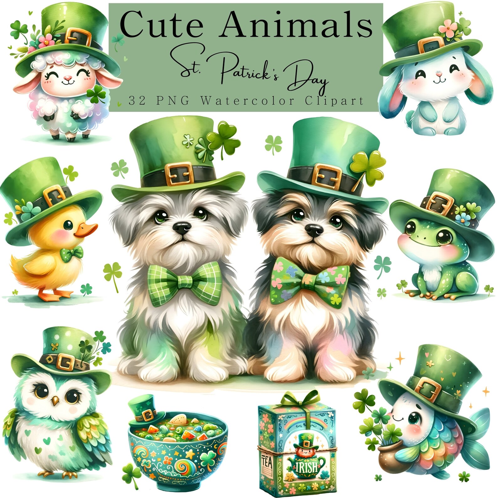 St Patricks Day Animal Clipart, Cute Shamrock Clipart, Watercolor ...