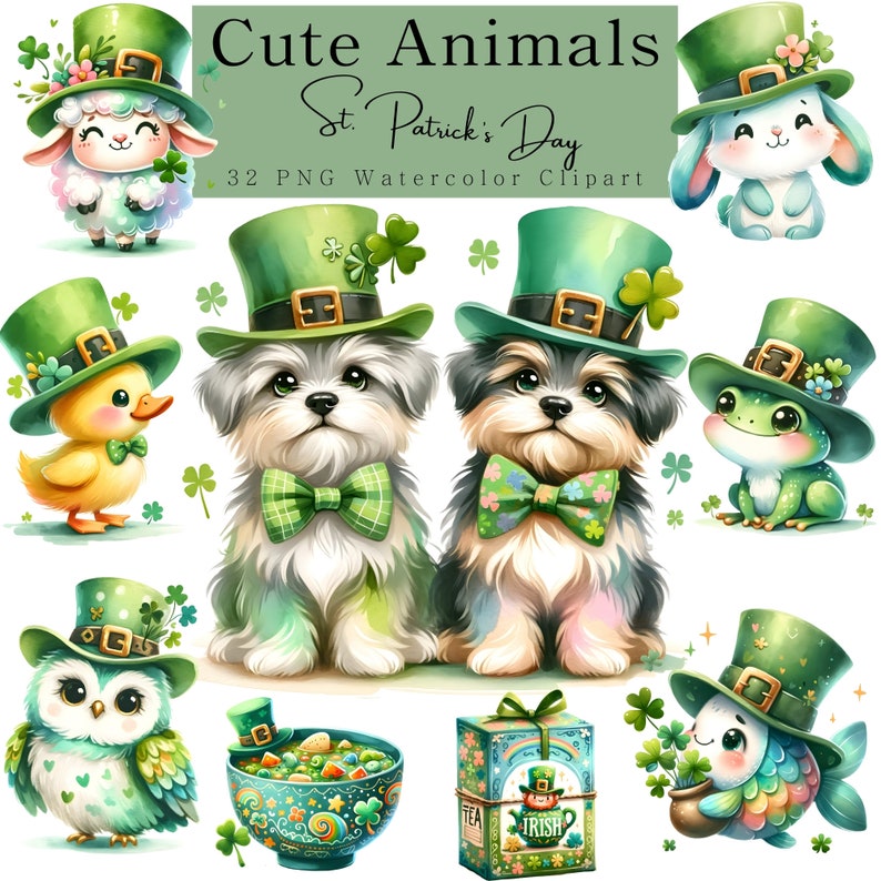St Patricks Day Animal Clipart, Cute Shamrock Clipart, Watercolor ...