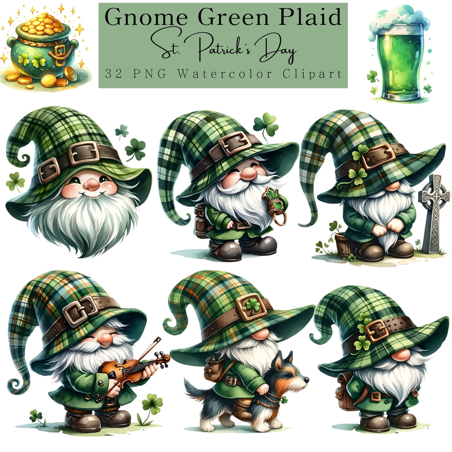St Patricks Day Gnomes Clipart, Cute Shamrock Clipart, Watercolor ...