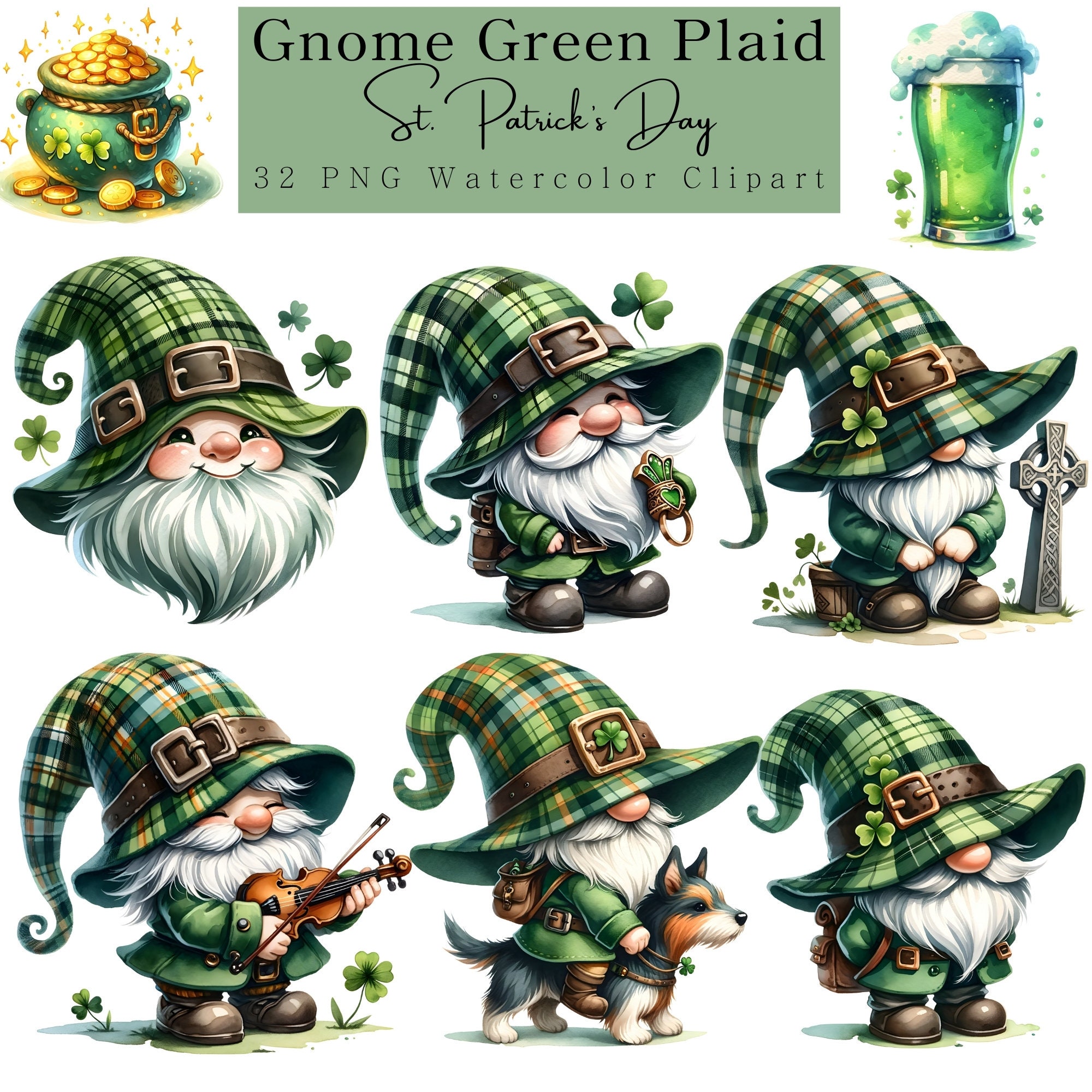 St Patricks Day Gnomes Clipart, Cute Shamrock Clipart, Watercolor ...