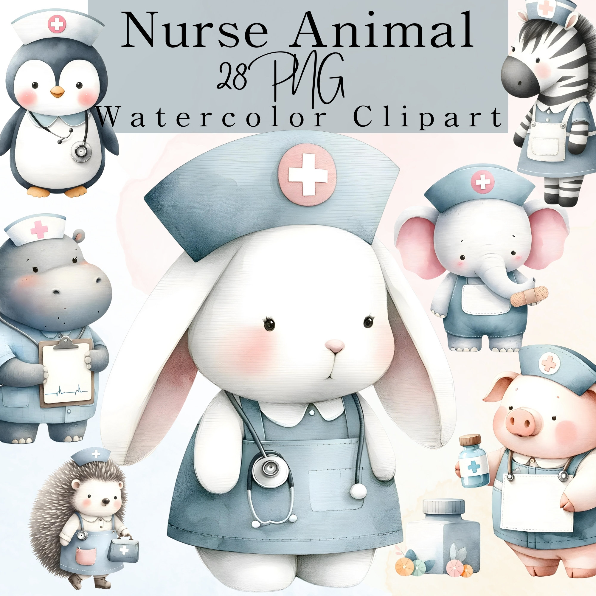 Cute Nurse Animal Clipart, Watercolor Nursing Themed Digital Art ...
