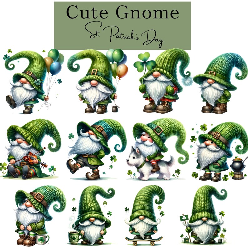 St Patricks Day Gnomes Clipart, Cute Shamrock Clipart, Watercolor ...