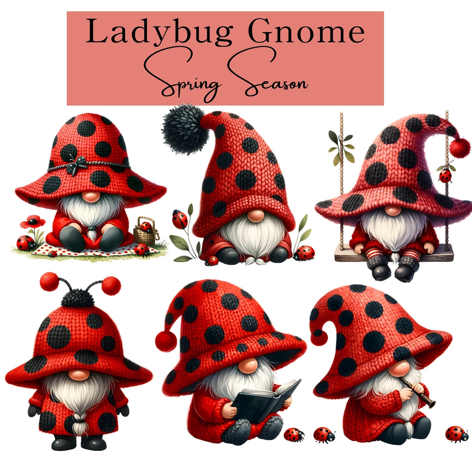 Ladybug Gnome Watercolor Clipart, Ladybug Gnome PNG Bundle, Charming ...