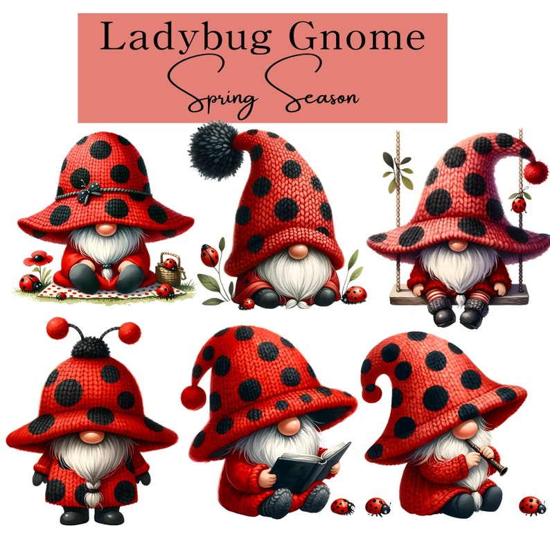 Ladybug Gnome Watercolor Clipart, Ladybug Gnome PNG Bundle, Charming ...