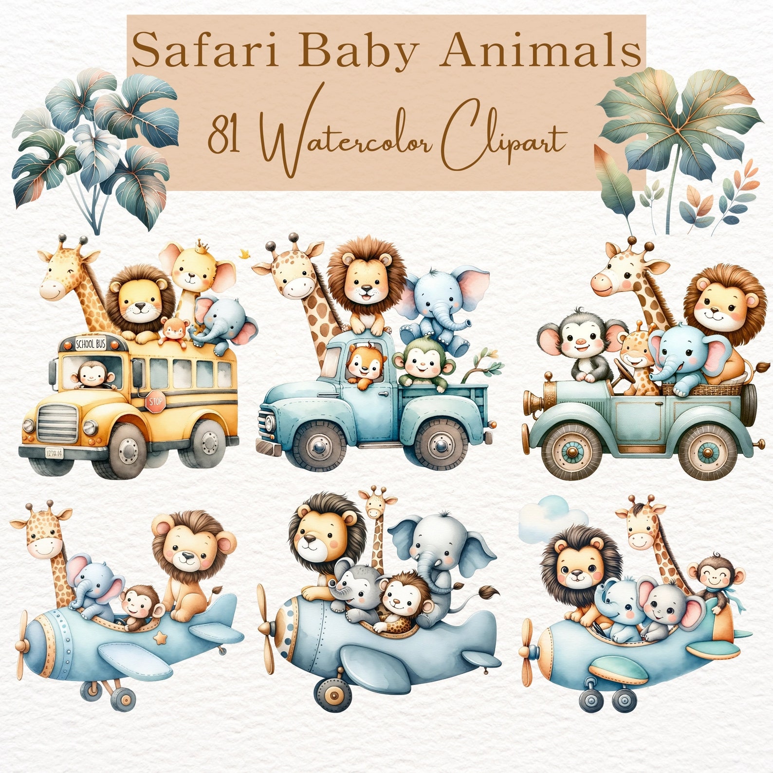 Safari Baby Animals Watercolor Clipart, Jungle Animal Clipart, Cute ...