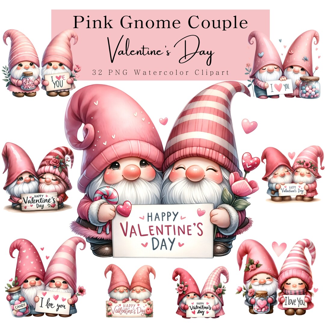 Pink Gnome Valentine, Cute Gnome Clipart, Gnome Watercolor Clipart ...