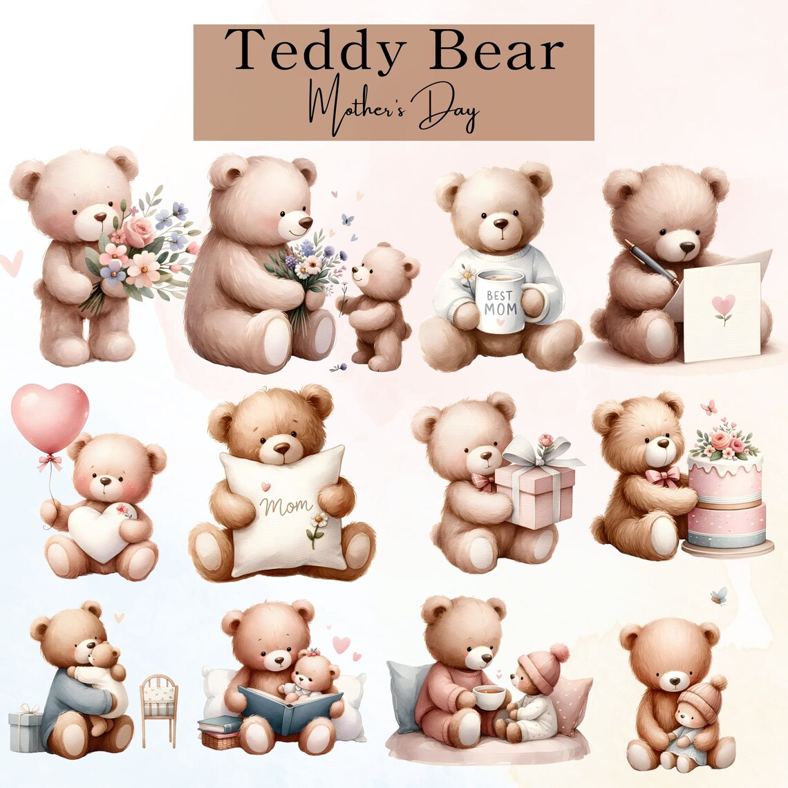 Mother's Day Teddy Bear Clipart: Watercolor Bear PNG for Crafting ...