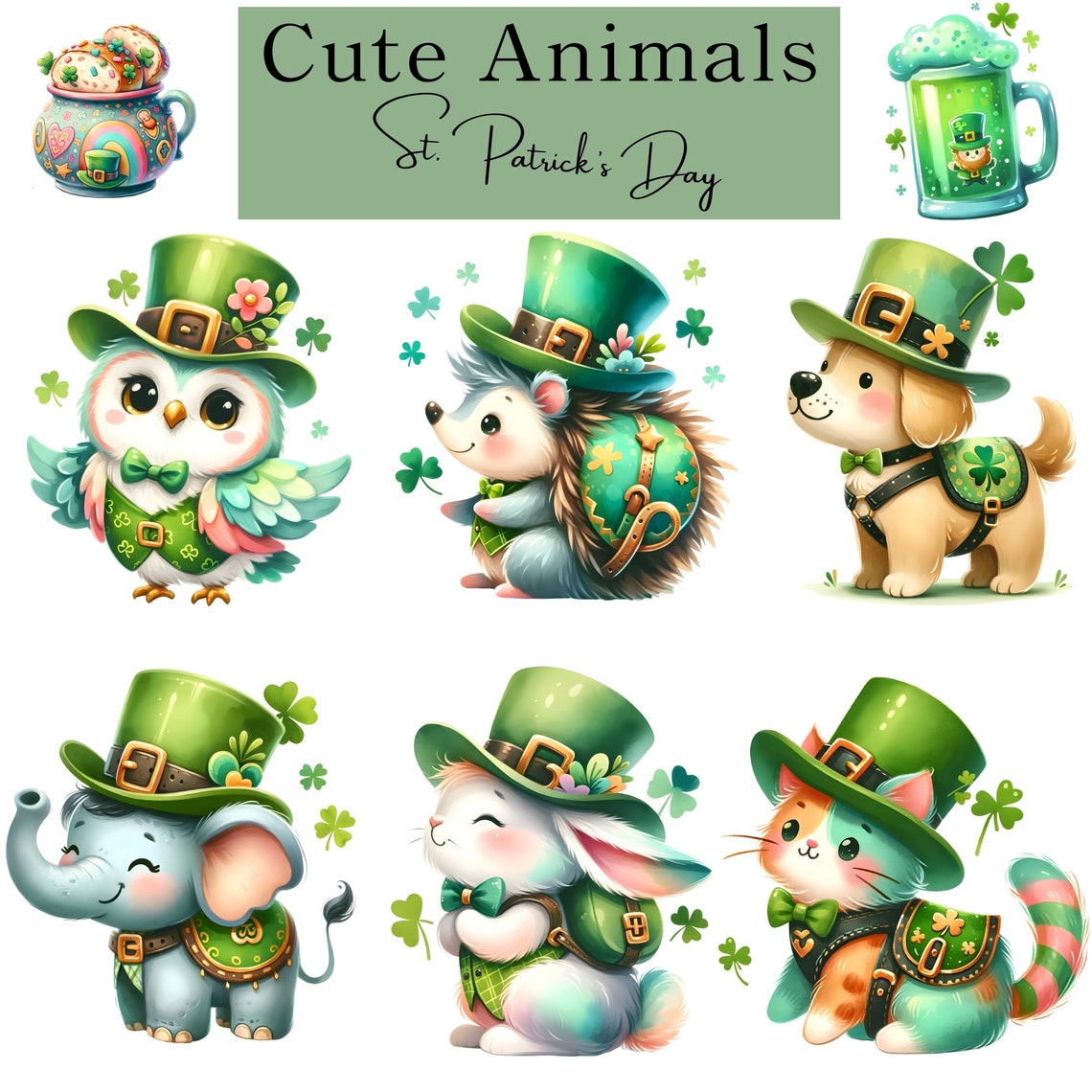 St Patricks Day Animal Clipart, Cute Shamrock Clipart, Watercolor ...