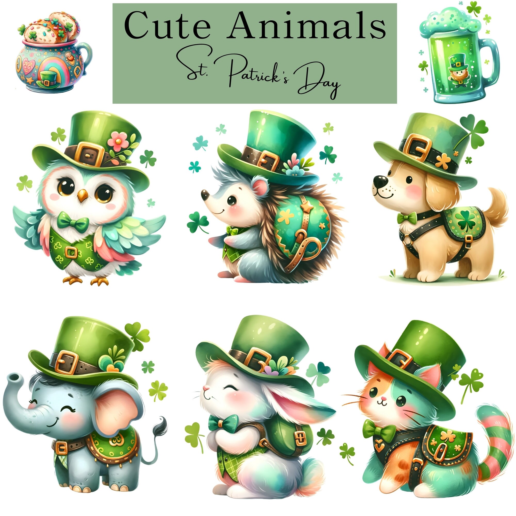 St Patricks Day Animal Clipart, Cute Shamrock Clipart, Watercolor ...