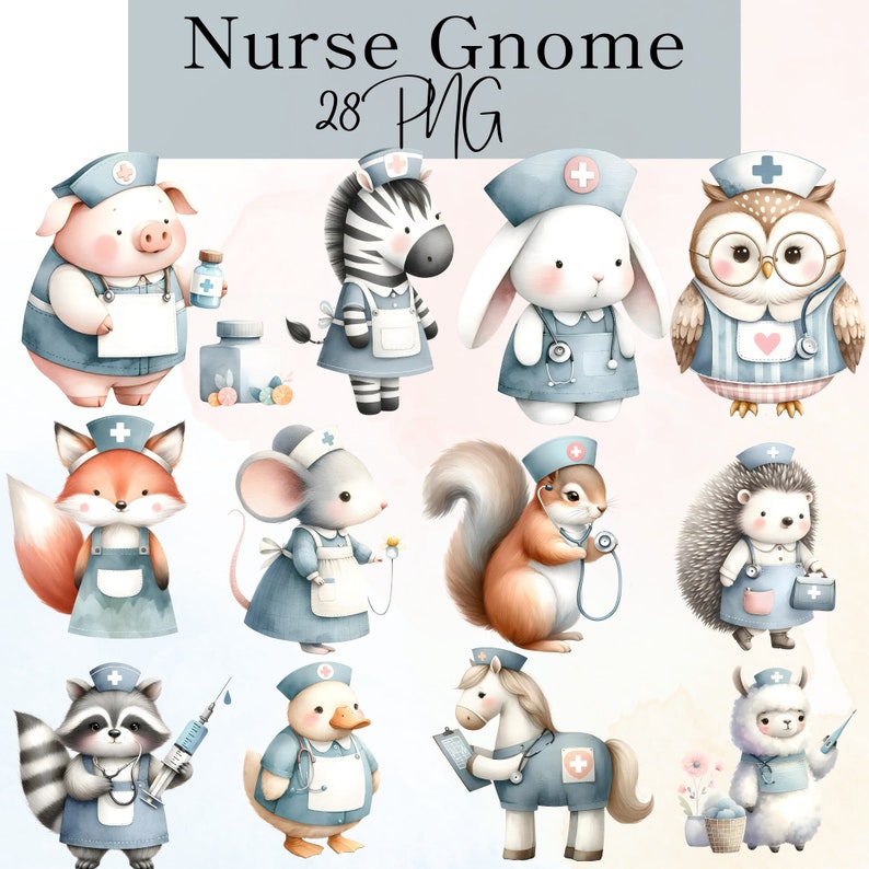 Cute Nurse Animal Clipart, Watercolor Nursing Themed Digital Art ...