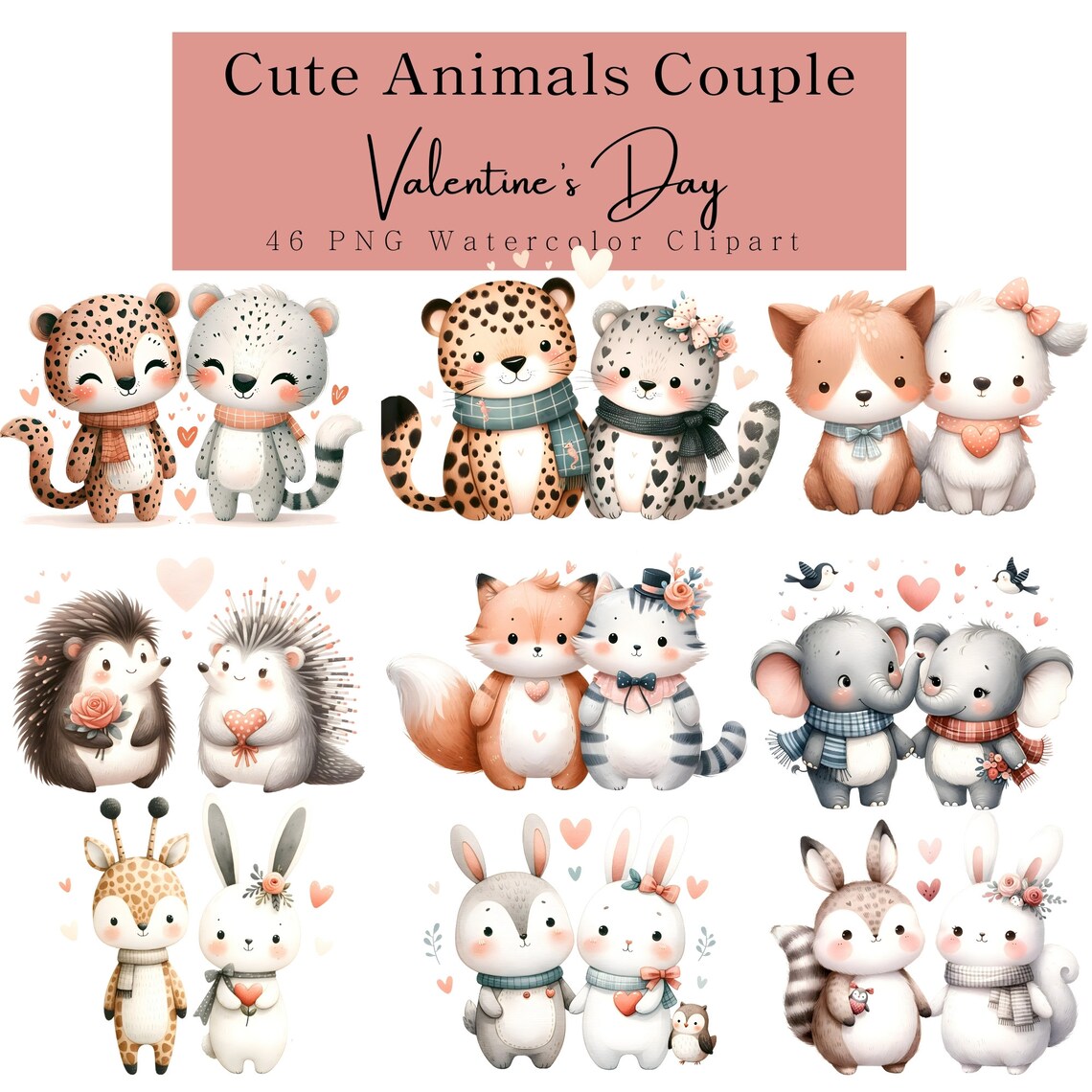 Cute Animals Valentine, Animal Watercolor Clipart, Animal Couple ...