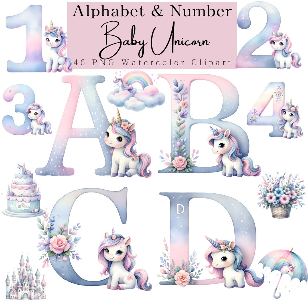 Whimsical Unicorn Watercolor Alphabet & Numbers Clipart - Digital PNG ...
