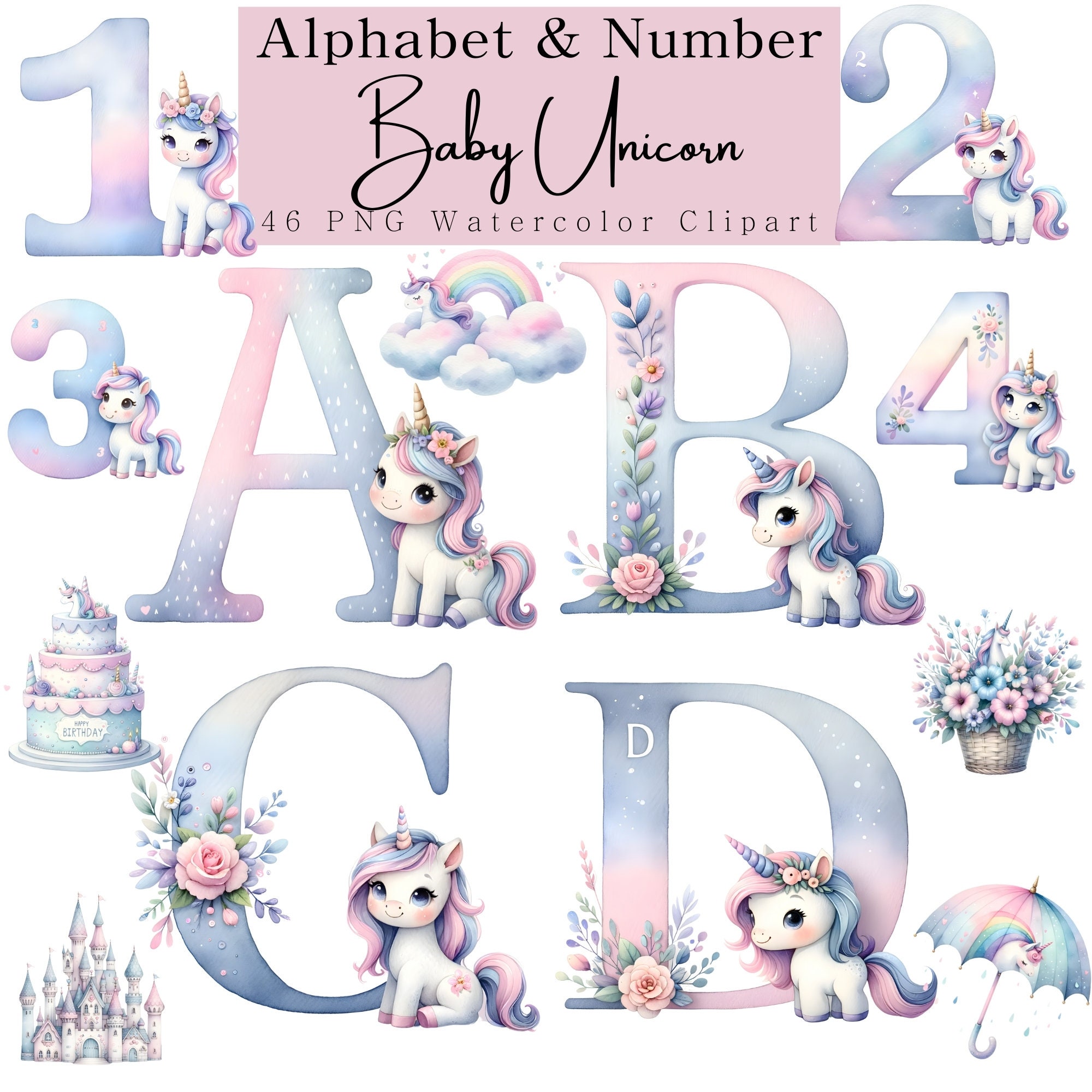 Whimsical Unicorn Watercolor Alphabet & Numbers Clipart - Digital PNG ...