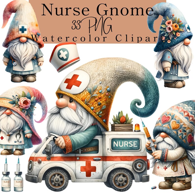 Nurse Gnome Watercolor Clipart: Gnome Doctor PNG, Nursing Nursery Art ...