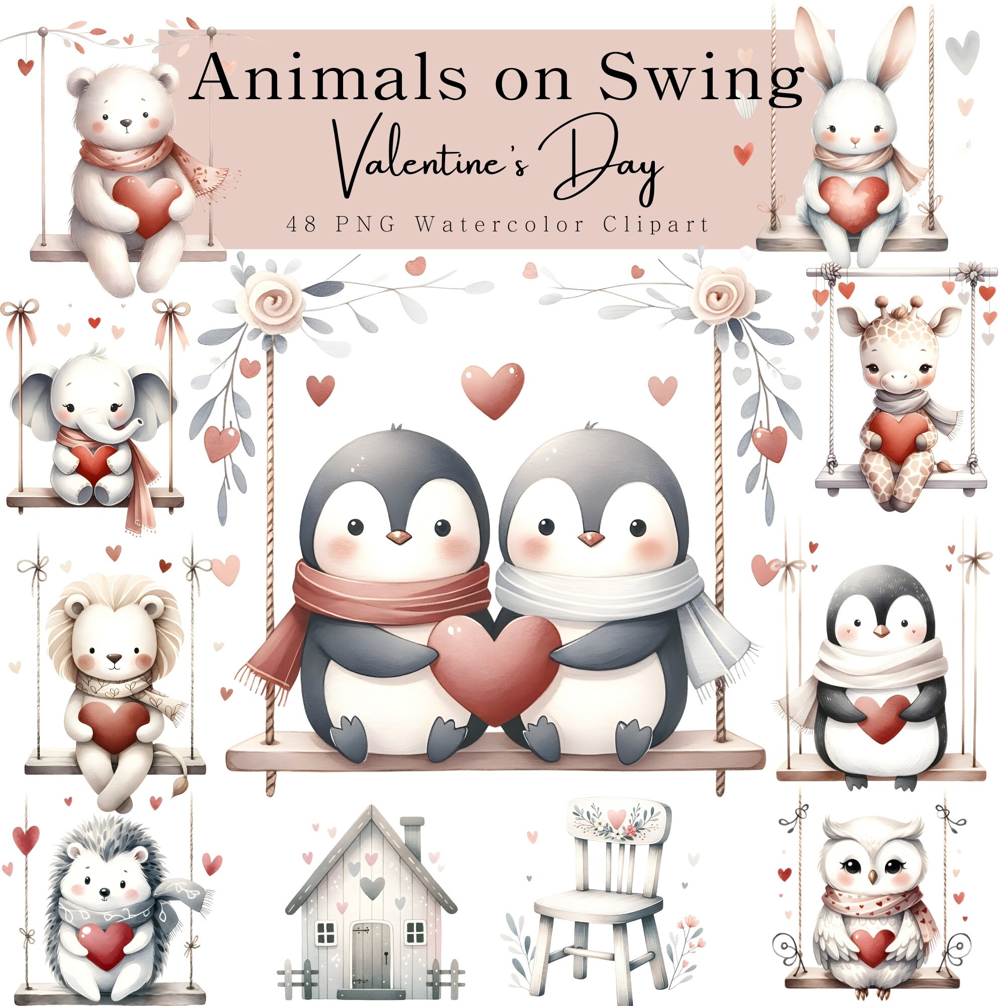 Valentines Animals on Swings Collection Clipart, Animal Watercolor PNG ...