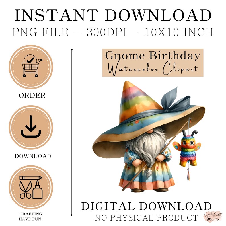 Watercolor Gnome Birthday Clipart PNG: Party Decoration for Kids ...