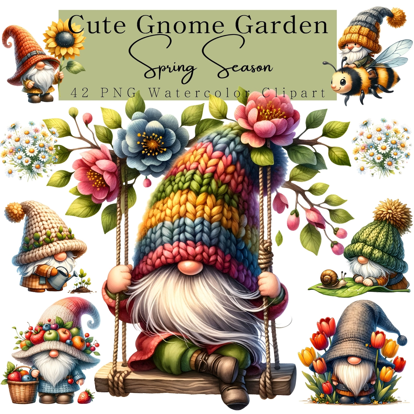 Garden Gnome Watercolor Clipart, Cute Gnomes Digital Art, Printable ...