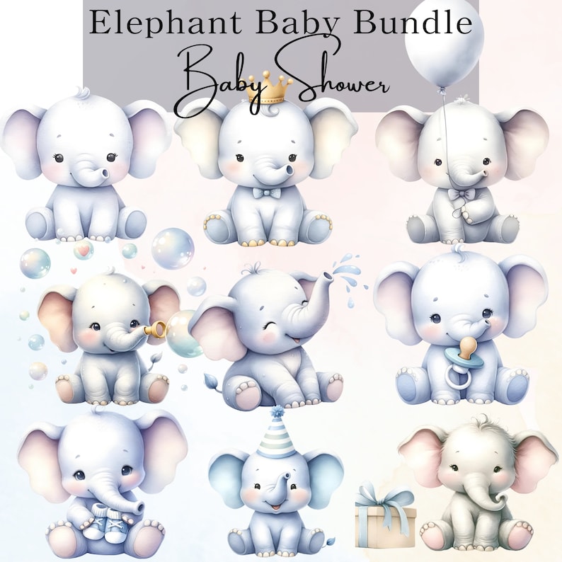 Elephant Baby Shower Clipart, Watercolor Elephant PNG, Balloon Graphics ...