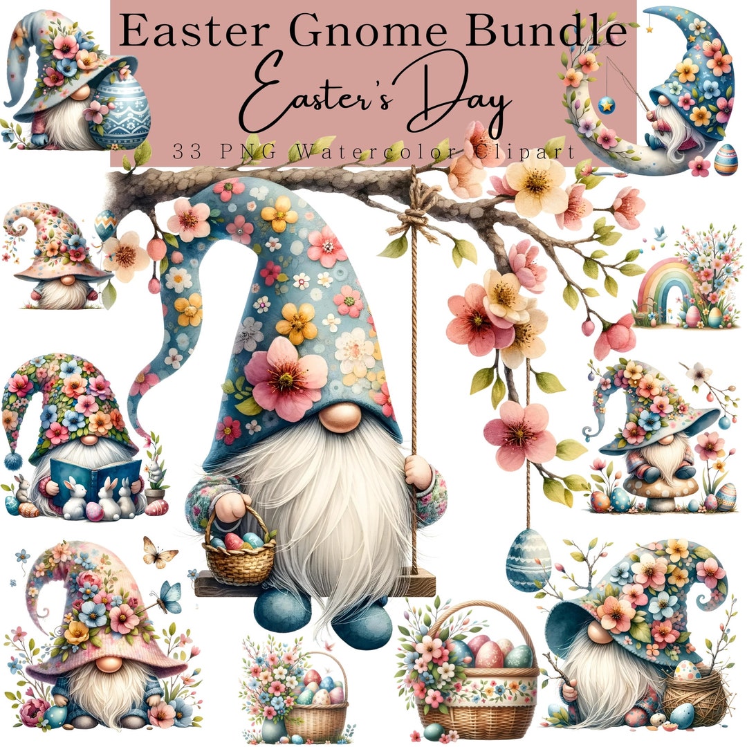 Easter Gnome Clipart Bundle, Watercolor Spring Flower, Digital Download ...