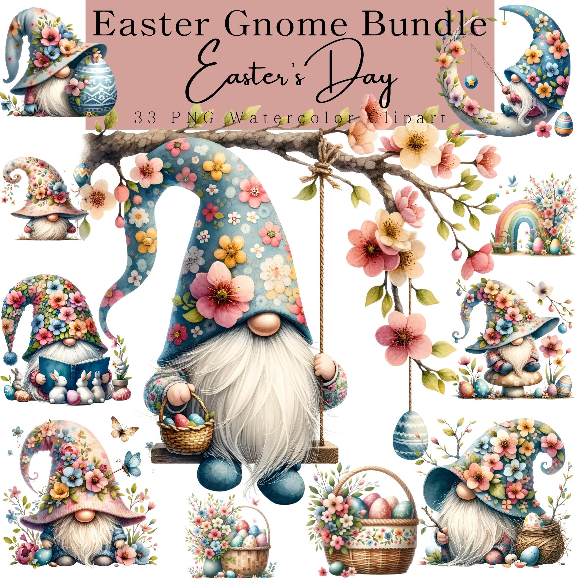Easter Gnome Clipart Bundle, Watercolor Spring Flower, Digital Download ...