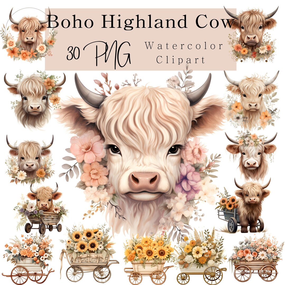Boho Baby Highland Cow Clipart, Watercolor Nursery Animal Art, Digital ...