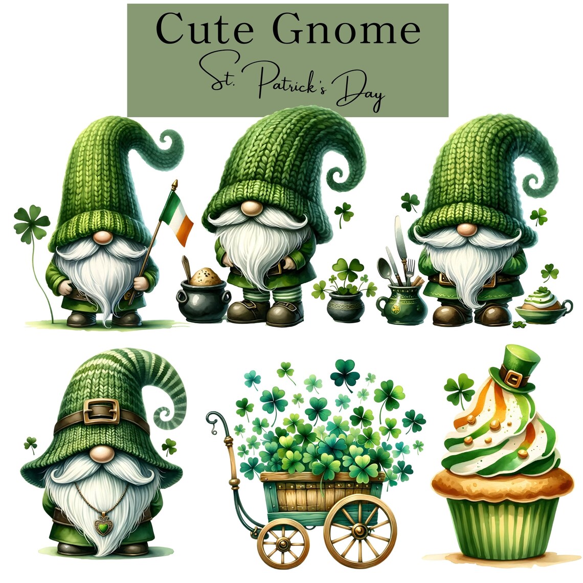 St Patricks Day Gnomes Clipart, Cute Shamrock Clipart, Watercolor ...