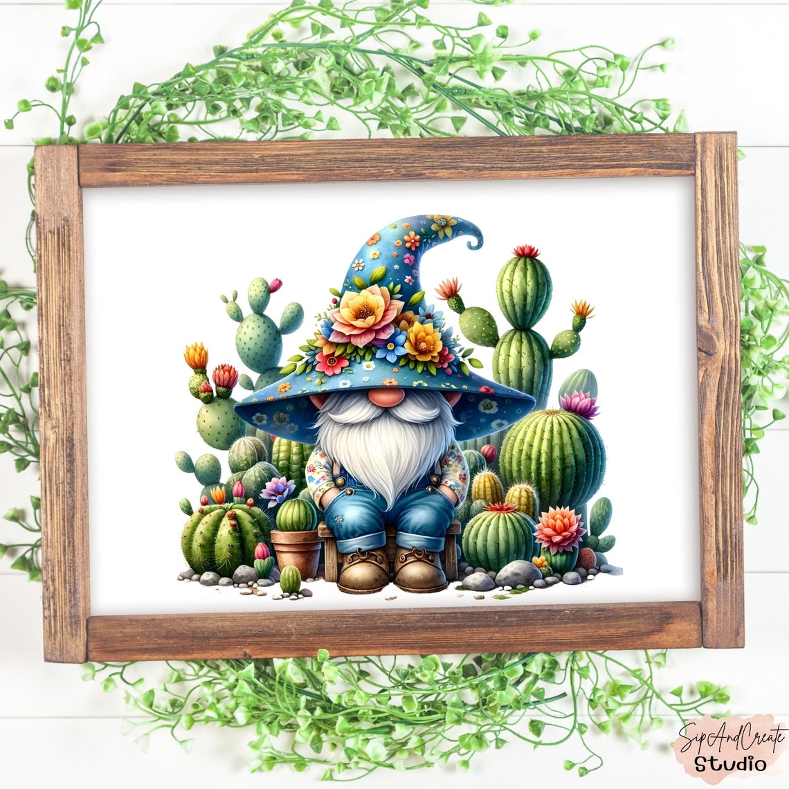 Cactus Gnome Watercolor Clipart: Garden Art PNG for Crafts Decor ...