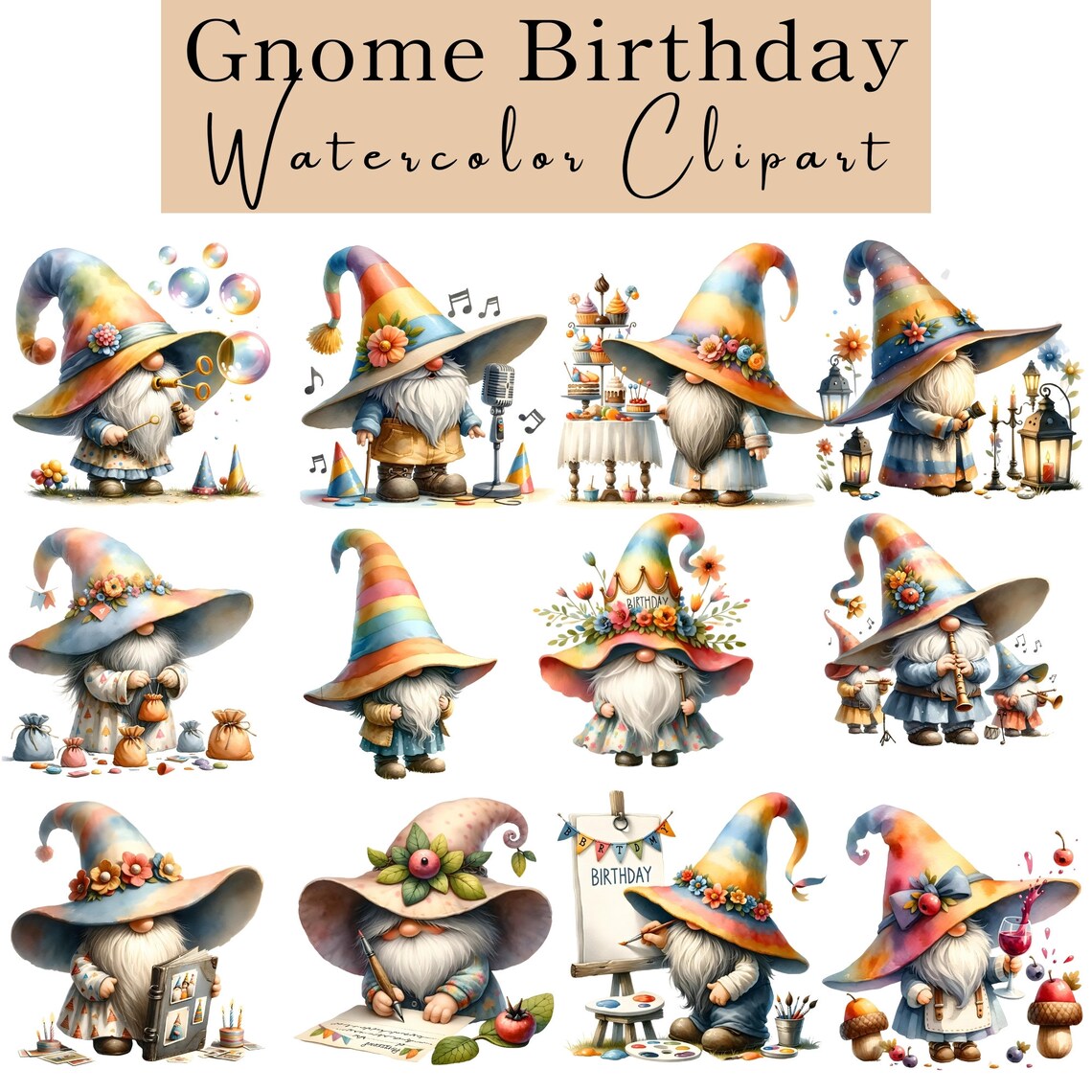 Watercolor Gnome Birthday Clipart PNG: Party Decoration for Kids ...