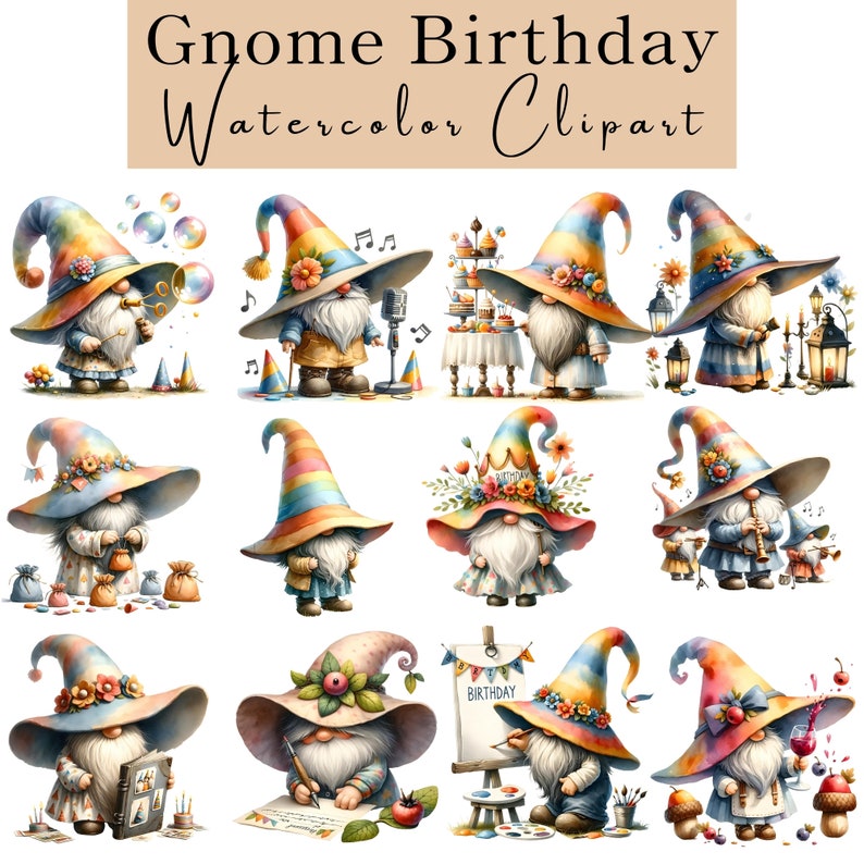 Gnome Birthday Clipart, Watercolor Gnome Party Digital Download, Kids ...