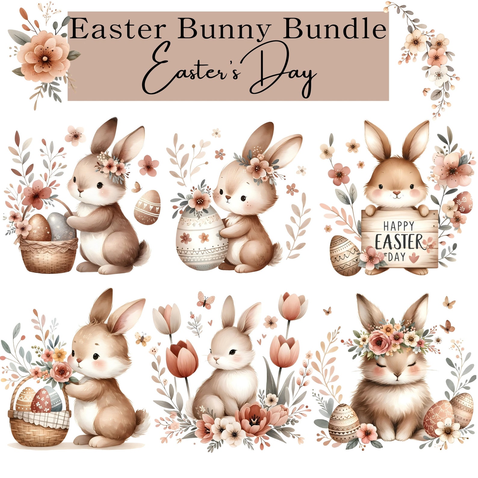 Boho Easter Bunny Clipart Bundle, Watercolor Rabbit & Floral Elements ...
