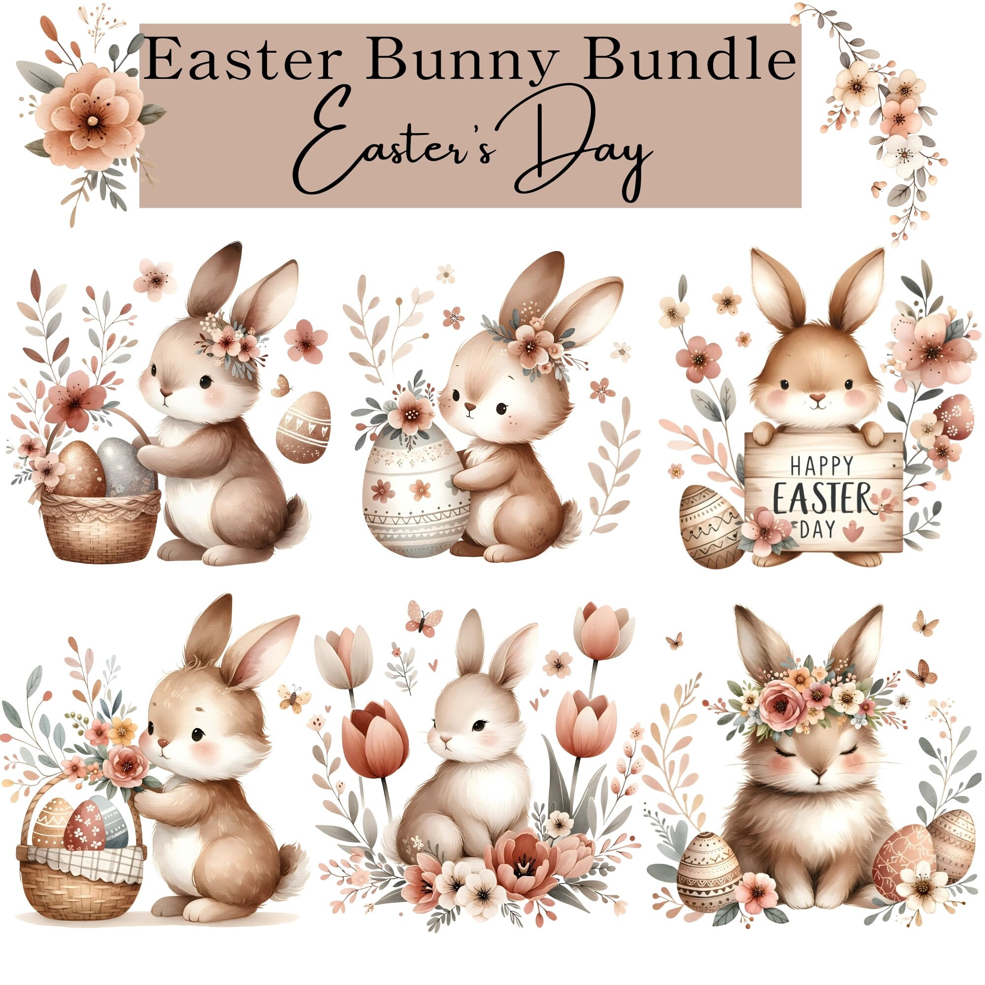 Boho Easter Bunny Clipart Bundle, Watercolor Rabbit & Floral Elements ...