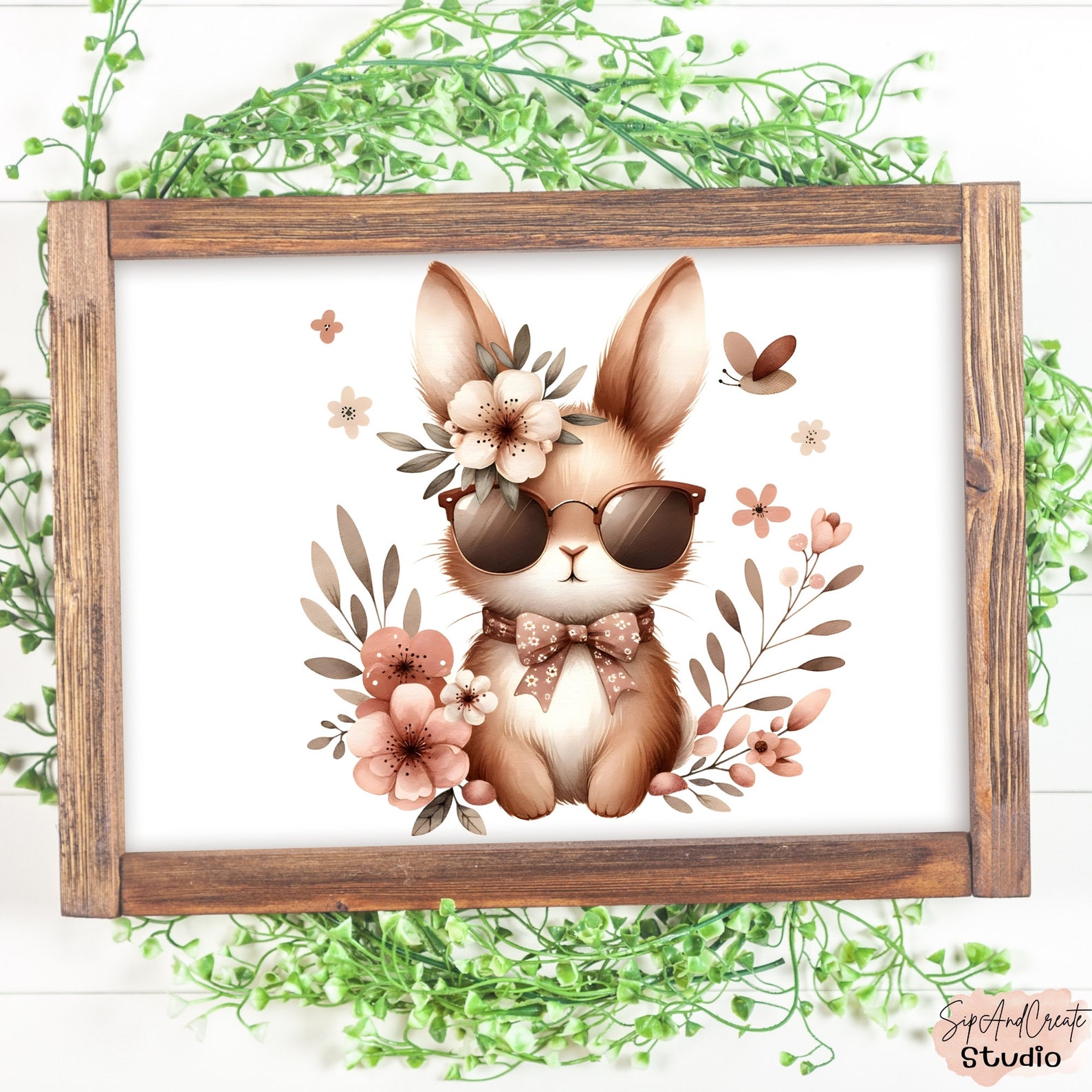 Boho Easter Bunny Clipart Bundle, Watercolor Rabbit & Floral Elements ...