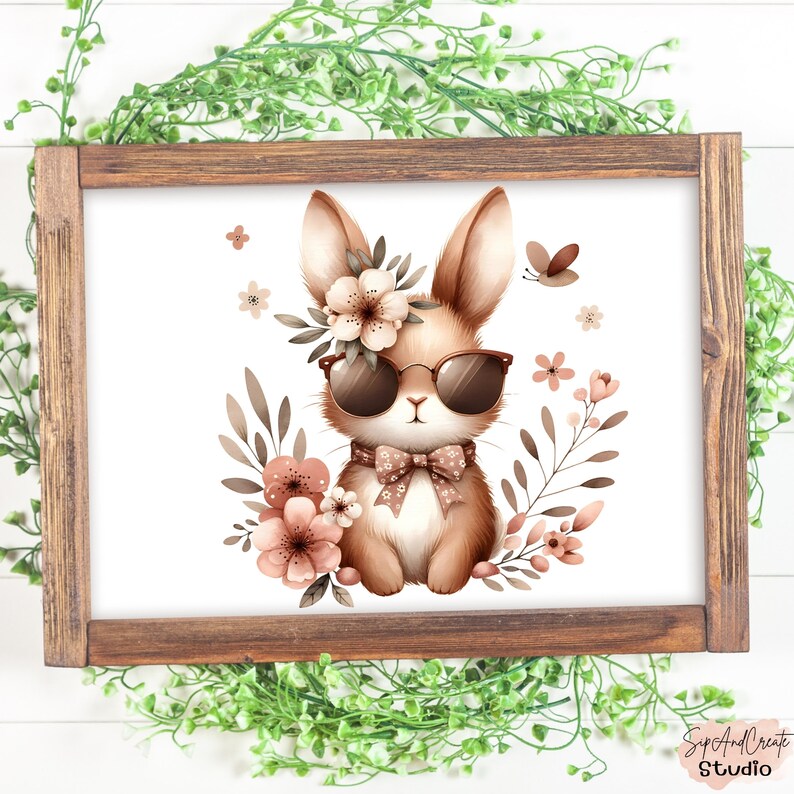 Boho Easter Bunny Clipart Bundle, Watercolor Rabbit & Floral Elements ...