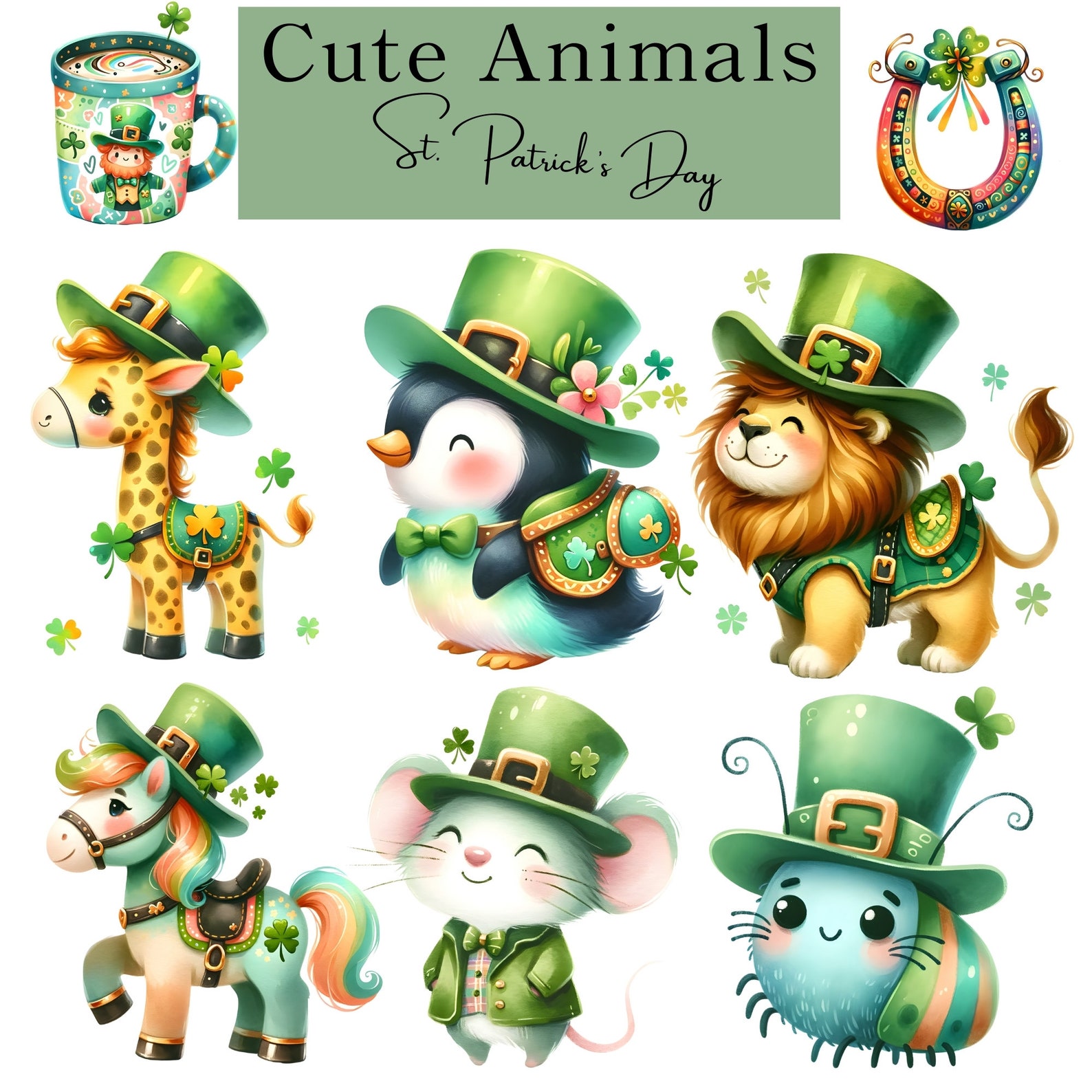 St Patricks Day Animal Clipart, Cute Shamrock Clipart, Watercolor ...