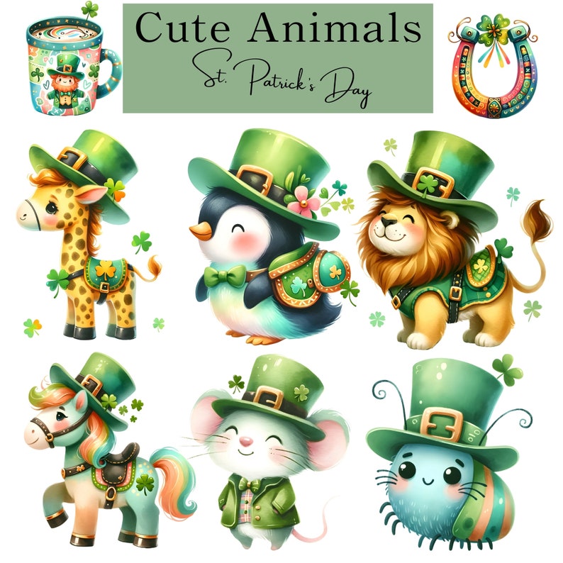 St Patricks Day Animal Clipart, Cute Shamrock Clipart, Watercolor ...